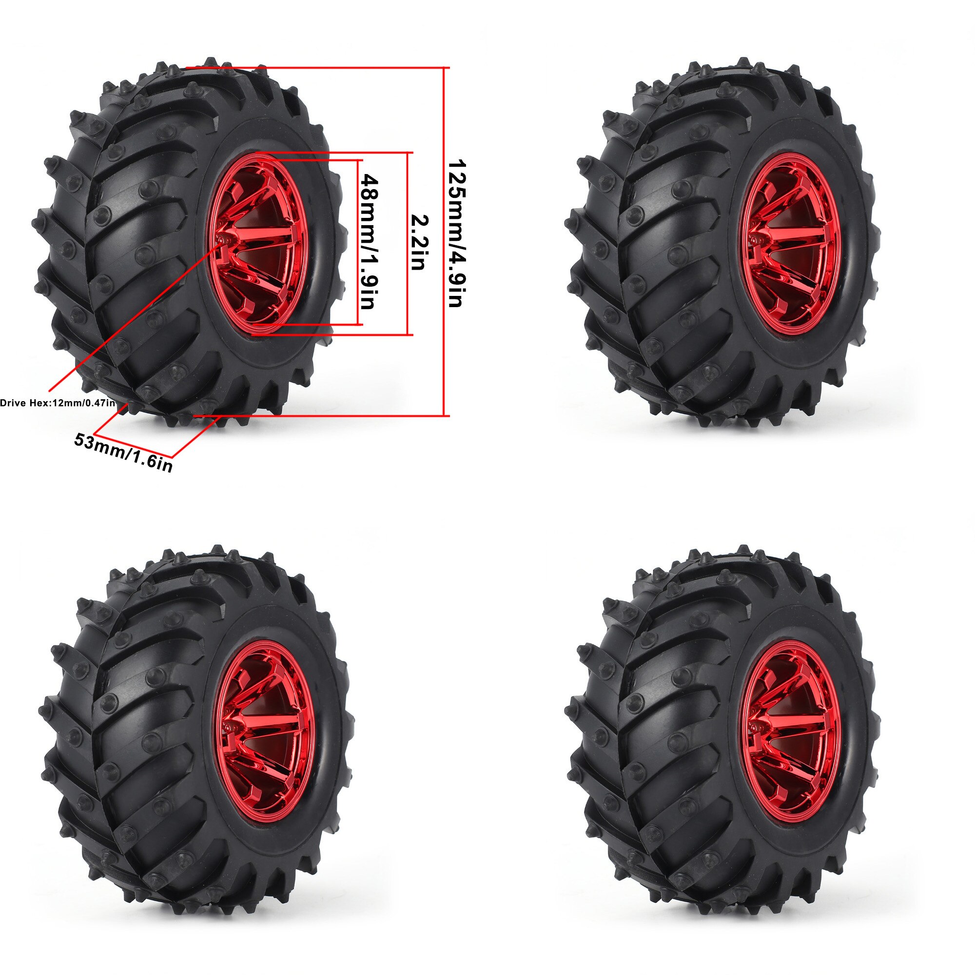 4PCS 1/10 RC Monster Truck Wheel Rim and Tire Set 125mm 135mm Rubber ...