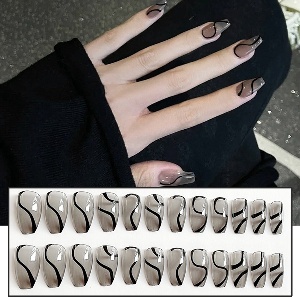 Y15 Black Ballet Line Press on Nails 24PCS with Pearl & Bow Design Semi ...