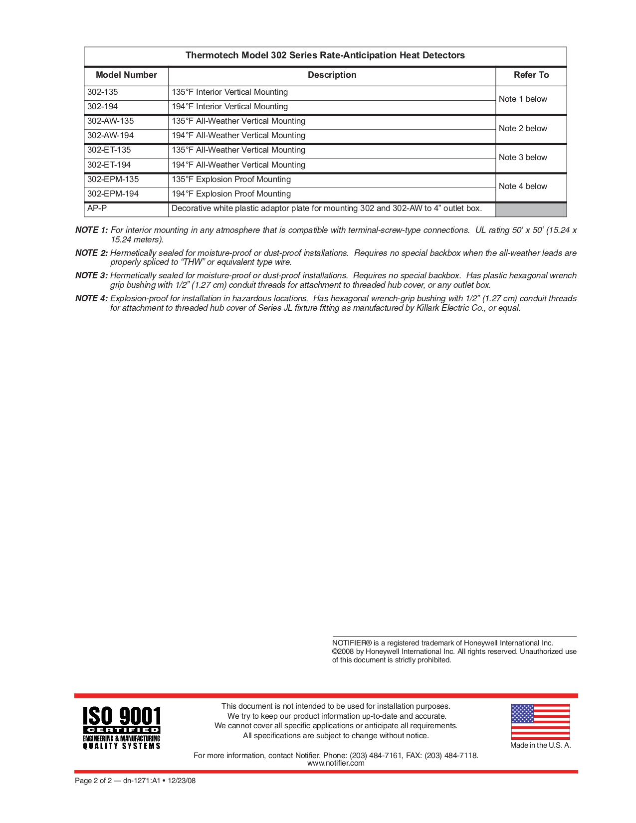 NOTIFIER 302-ET-194 Rate-Anticipation Heat Detectors 194F ALL weather ...