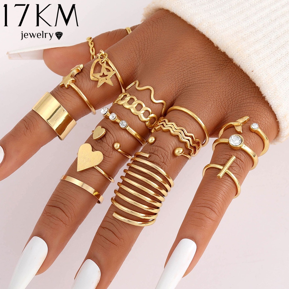17 KM 18pcsset Star Heart Gold Ring Set Elegant Crystal Wave Open Rings Accessories Jewelry ...