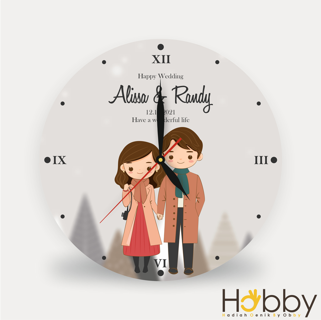15 - Jam Dinding Custom Kayu Nama Kartun Souvenir Nikahan Kado Unik ...