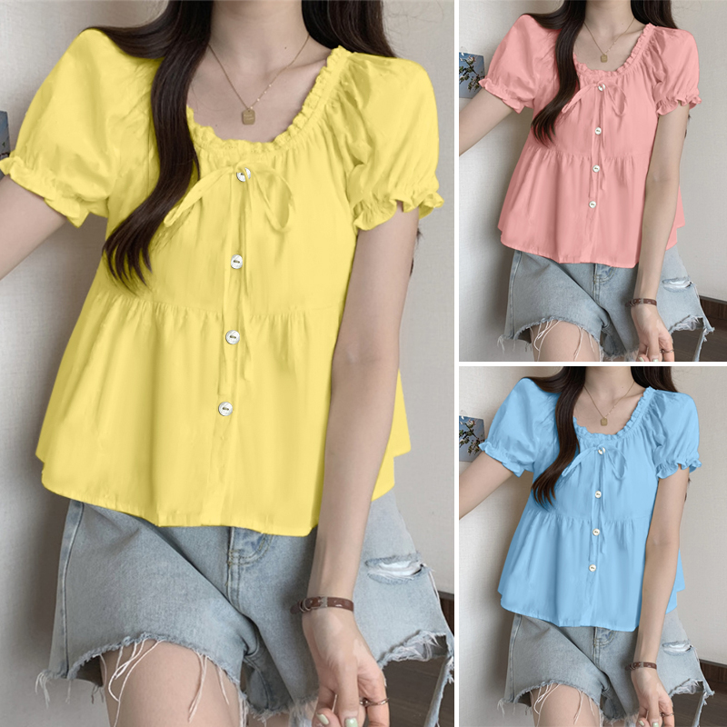 【Support-Cod】 VONDA Women's Girly Style Puff Sleeve Top Crew Neck Lace ...