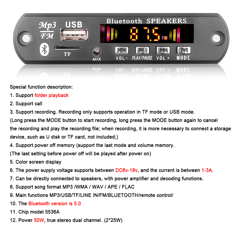 Mp3 Player Decoder Board Bluetooth 5.0 6w 50w Amplifier Handsfree Car ...