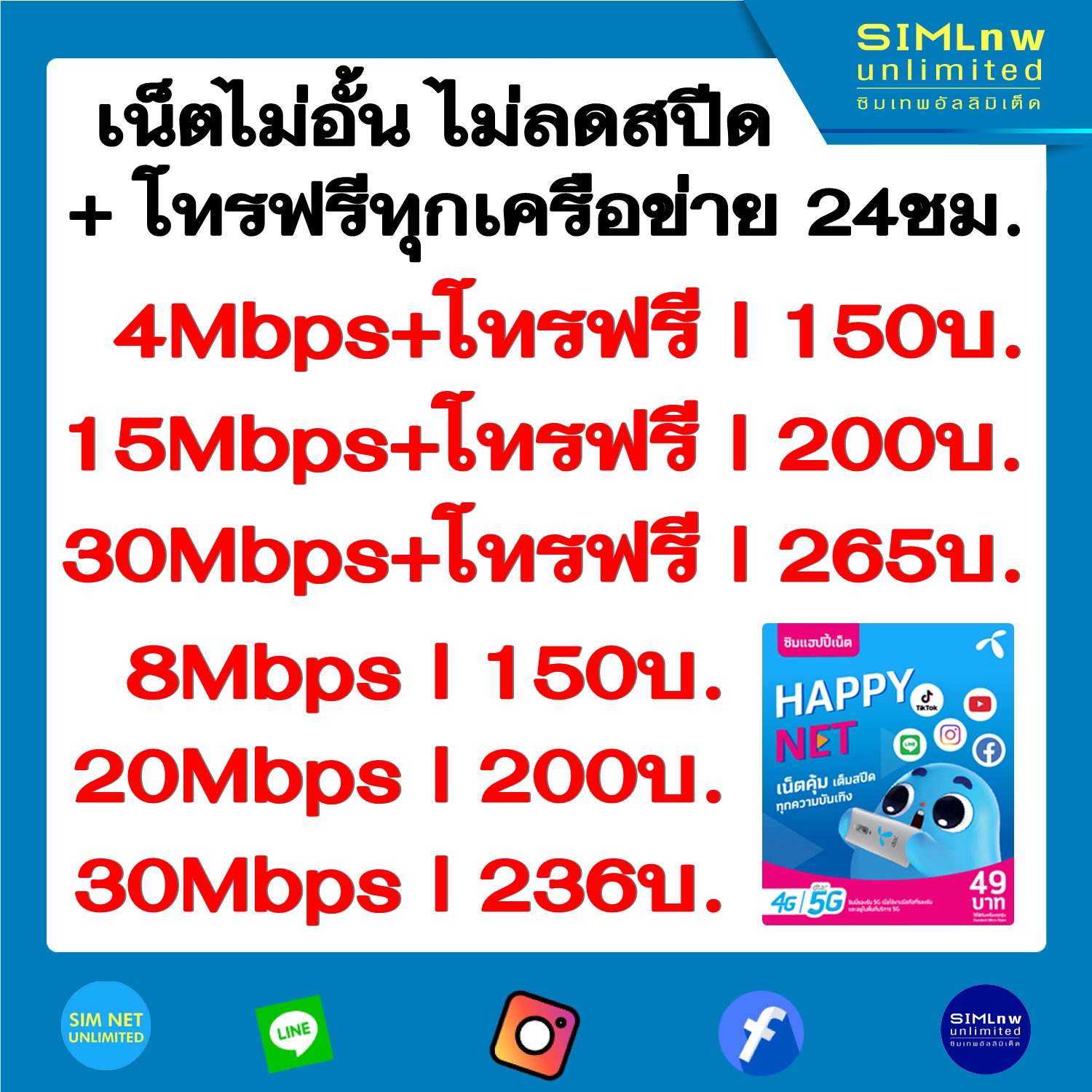 ซิมเน็ตAIS 20Mbps 15Mbps 8Mbps และ 4Mbps ไม่อั้นไม่ลดสปีด โทรฟรีทุก ...