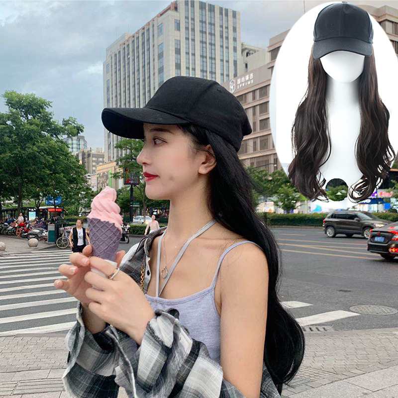 hat wig Hat integrated wig female long hair fashion new wild baseball ...