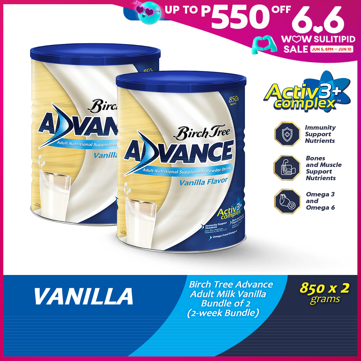 Birch Tree Advance Adult Powdered Milk Vanilla 850g Bundle of 2 (2-week ...
