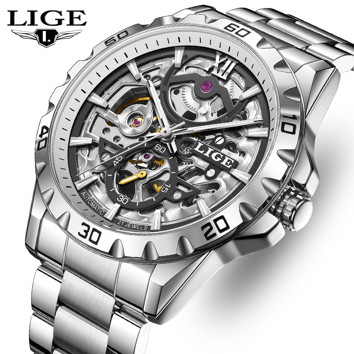 LIGE Cross border New Hollow Design Automatic Mechanical Watch Men's ...