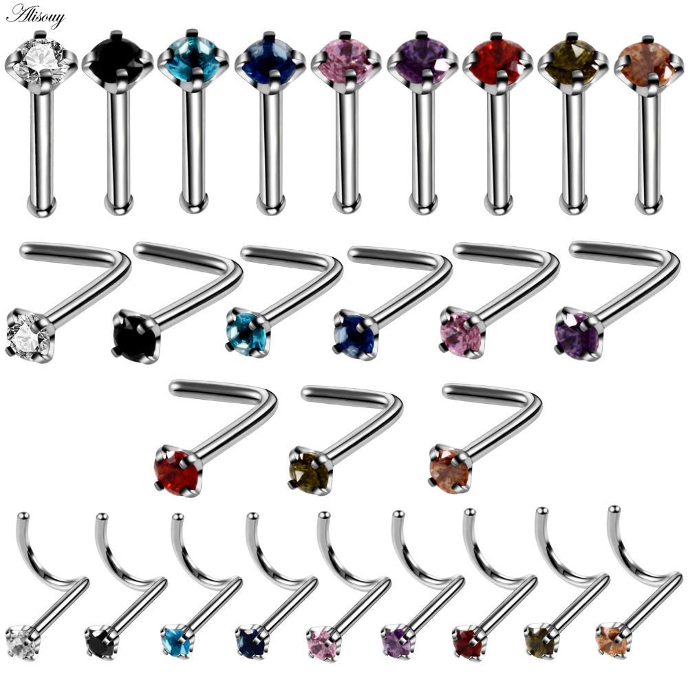 1PC 20G Steel Crystal Gem L Shape Nose Stud Piercings Rose golden Bone ...