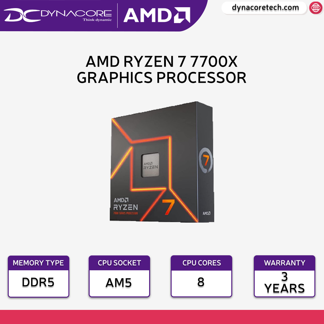 DYNACORE - AMD Ryzen 7 7700X AM5, Zen 4, 8 Core, 16 Thread, 4.5GHz, 5.4GHz Turbo, 105W TDP, 40MB ...