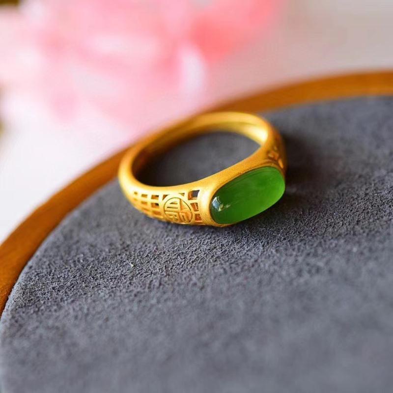 【New arrival】Ethnic style living jade green ring lucky word adjustable ...