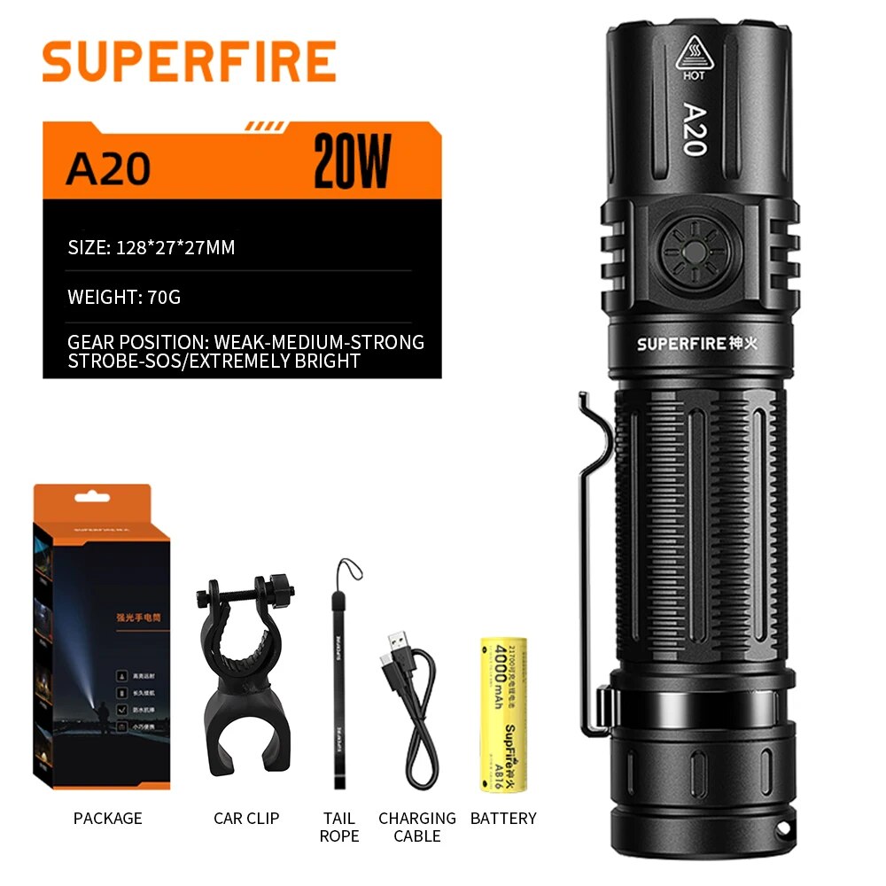 SUPERFIRE A20 SST40 Powerful EDC Flashlight 20W 1700LM USB C ...