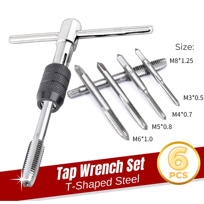 6PCS Set Screw Tap T-shaped Wrench Threading Tapping Hand Steel Metric ...