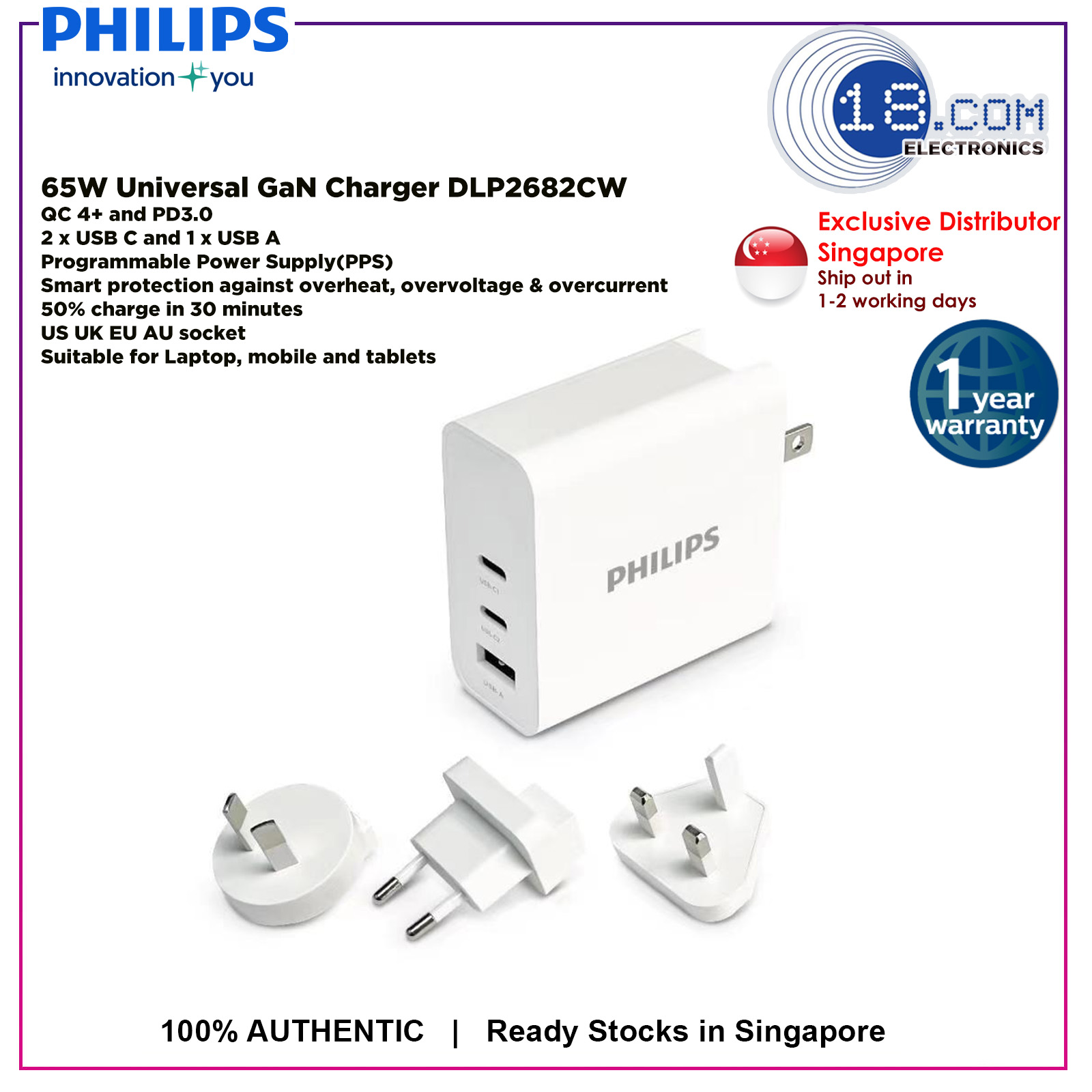 Philips 65W Universal GaN charger | DLP2682CW | Wall Charger with QC4 ...