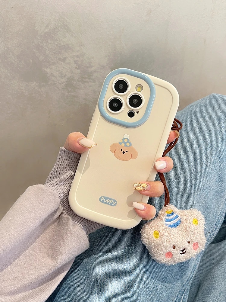 NEW Cute Cartoon Puppy With Plush Lanyard Milk White Case For iPhone 11 ...