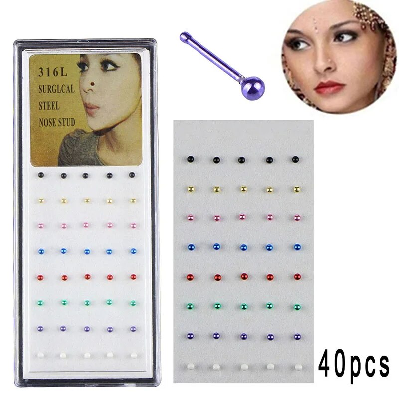 20/40/60pc/set Surgical Steel Nose Ring Pack Indian Nose Pin Nose ...