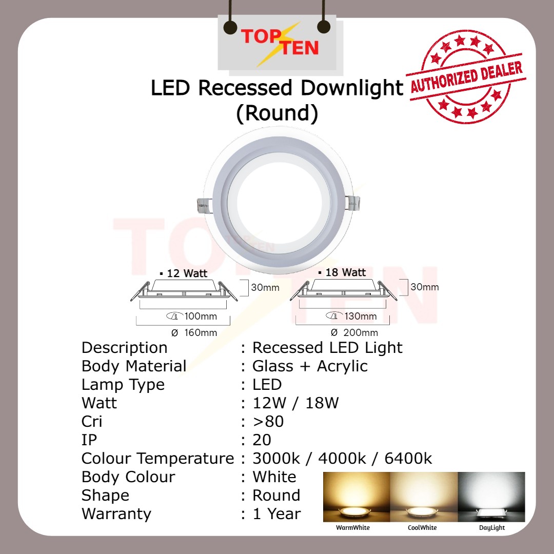 Glass Downlight Led Recessed Downlight For Plaster Ceiling 12W/18W ...
