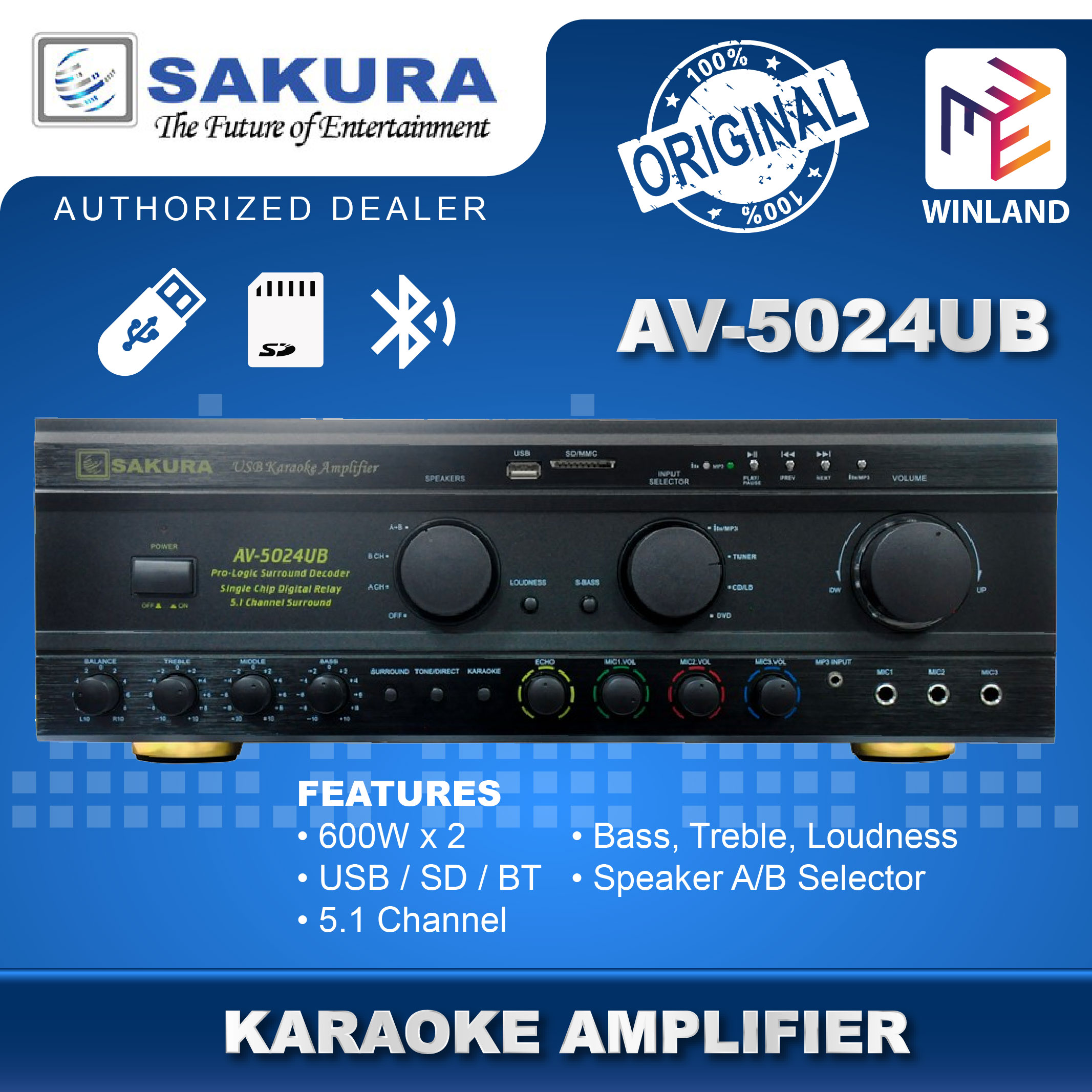 SAKURA ORIGINAL Karaoke Amplifier 600W X 2 Karaoke USB/SD Bluetooth Amplifier AV-5024UB ...