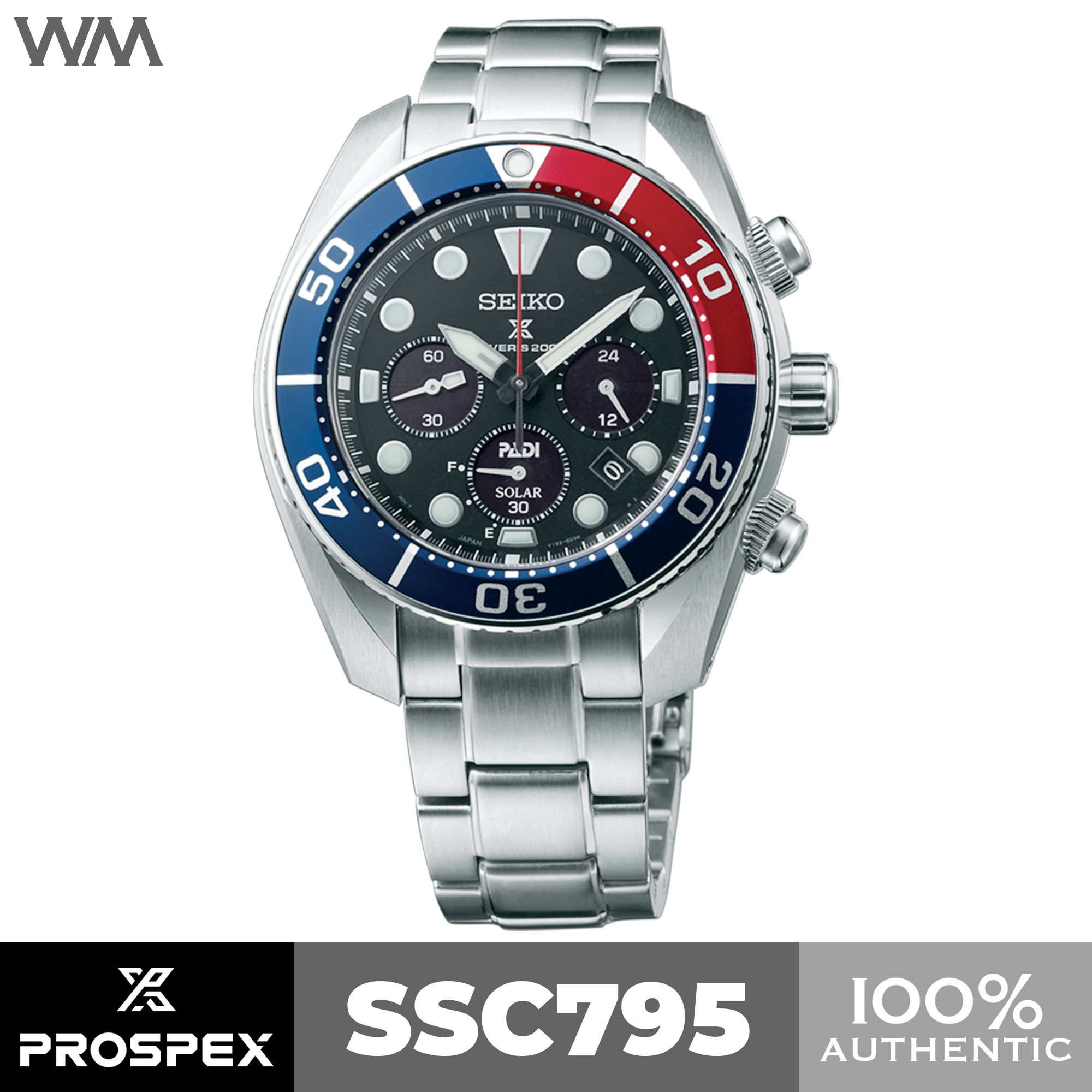 Seiko Prospex PADI Pepsi Sumo Solar Chronograph Watch SSC795 SSC795J1 ...