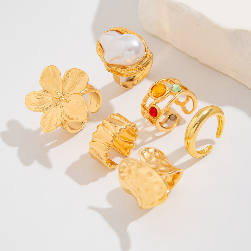 6Pcs/Set Vintage Flower Metal Irregular Geometry Rings Baroque Imitation Pearl Ring Female Niche ...