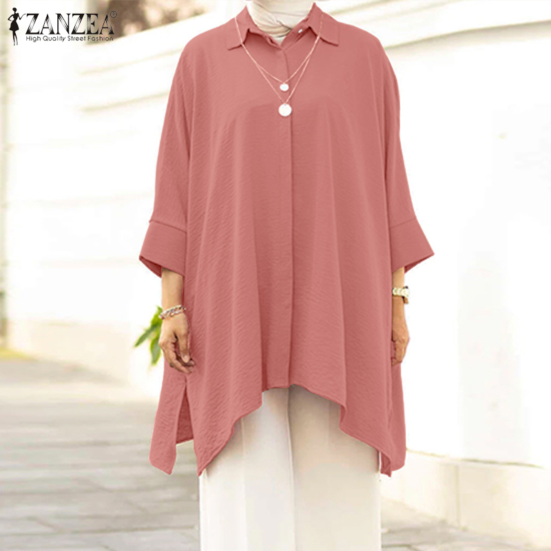 ZANZEA Muslimah Women Elegant Full Sleeve Texture Shirt Side Split ...