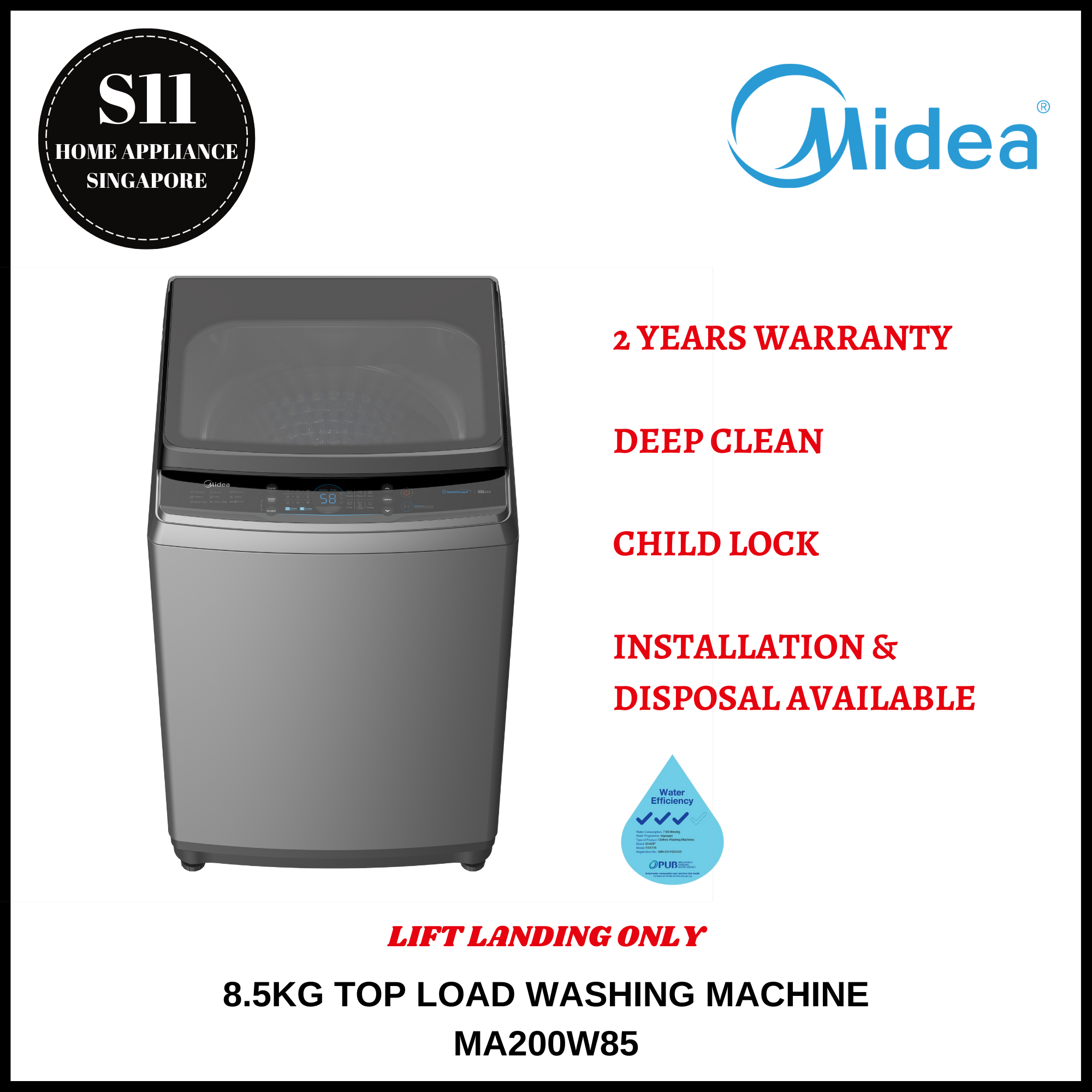 MIDEA MA200W85 8.5KG TOP LOAD WASHING MACHINE - 2 YEARS MANUFACTURER ...