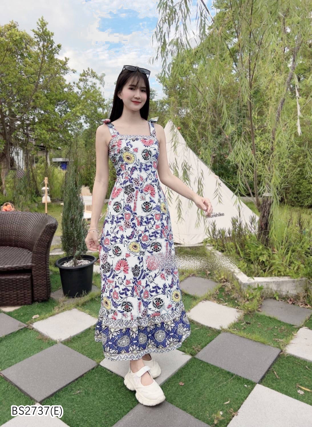 BS2737 เดรสยาวผูกไหล่ลายกราฟฟิค | Lazada.co.th