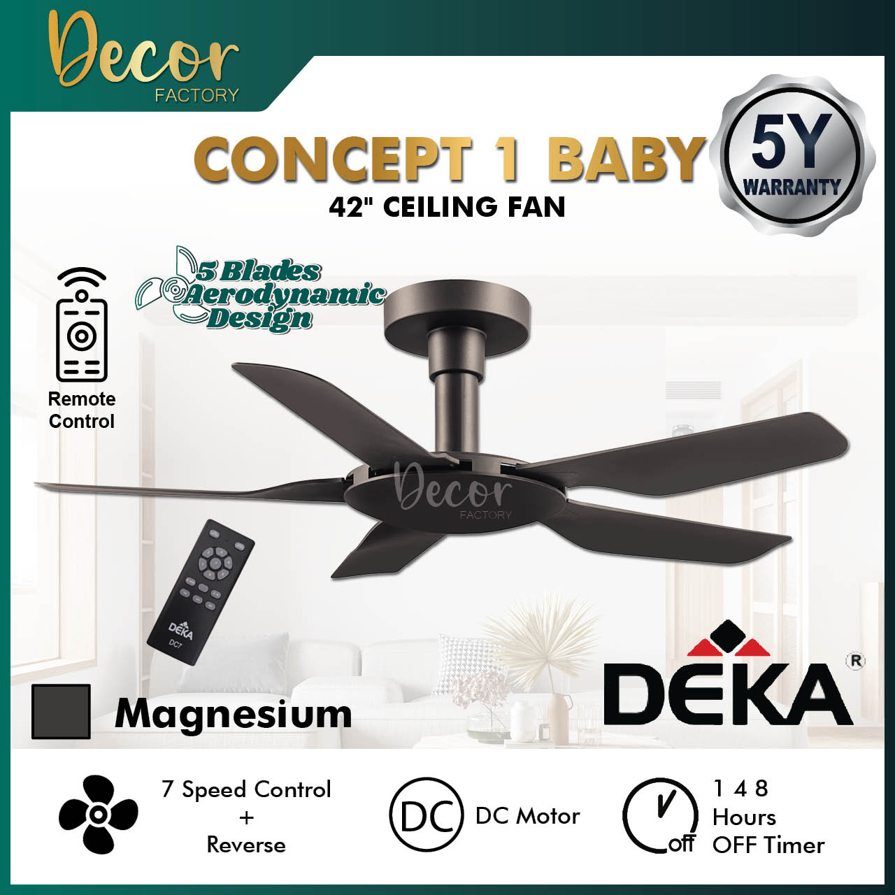 DEKA Fan DEKA CONCEPT 1 BABY 42" 5 Blades 7 Speed Forward + Reverse DC ...