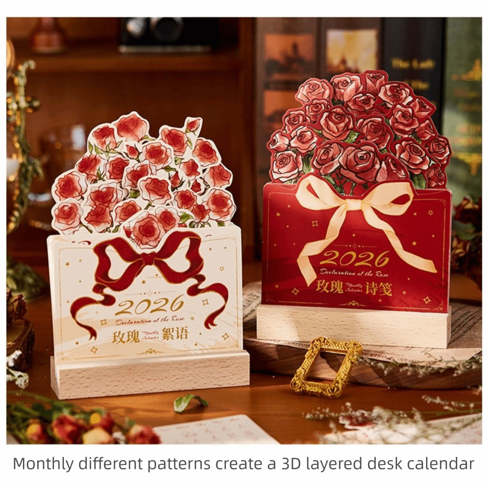 Simple 2026 Desk Calendar Rose Painting With Wooden Base Mini Calendar ...