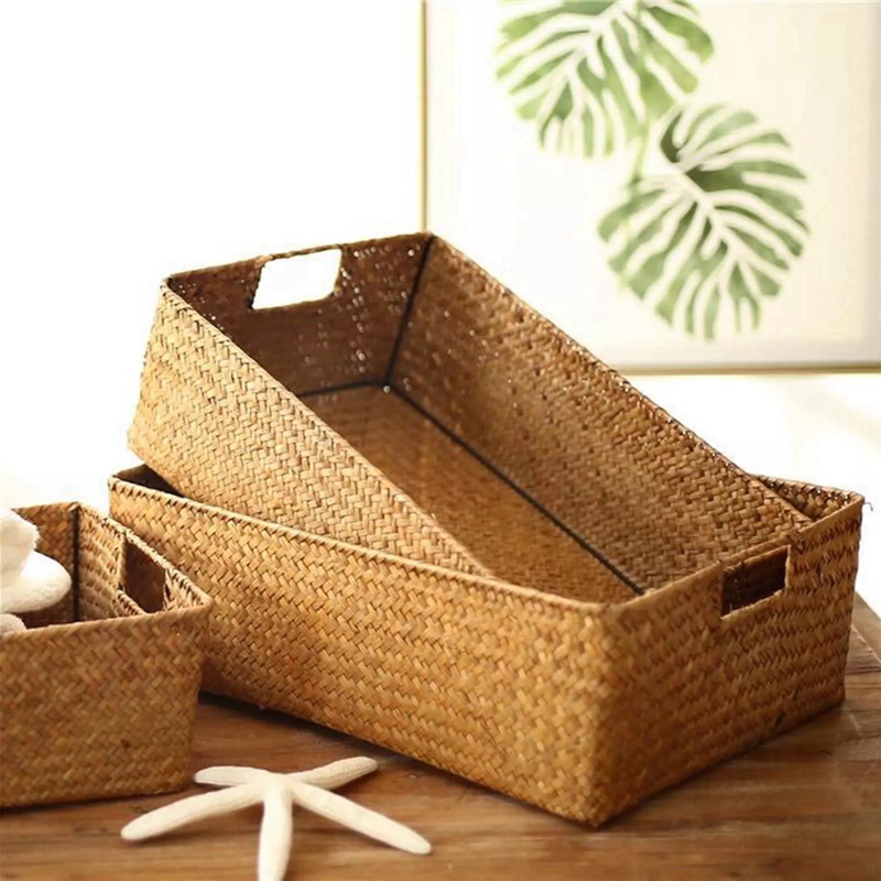 Hand-Woven Rectangular Rattan Wicker Storage Basket Fruit Tea Snack ...