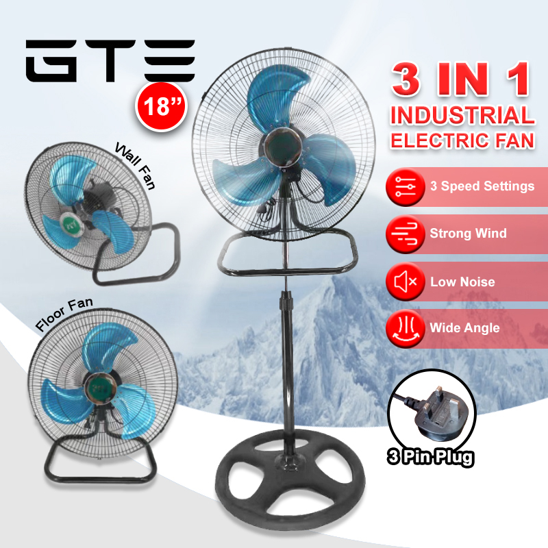 GTE 18 Inch 3 Blades Stand Fan 3 In 1 Adjustable 3 Wind Speed Electric ...