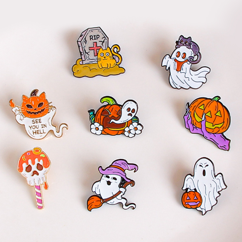 Cartoon Halloween Ghost Pumpkin Cat Metal Hairpin Badges Pins Backpack ...
