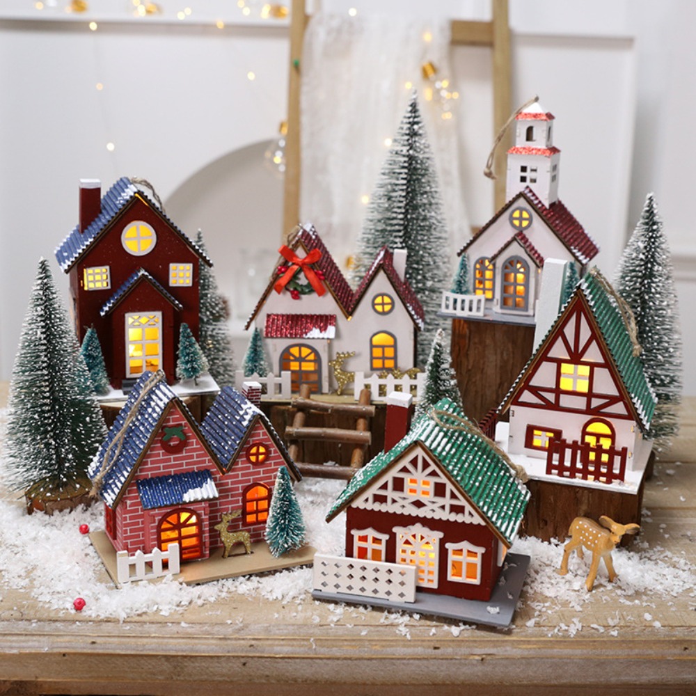 Mini Luminous Christmas Cabin Ornament Wooden Simulation Christmas Tree ...