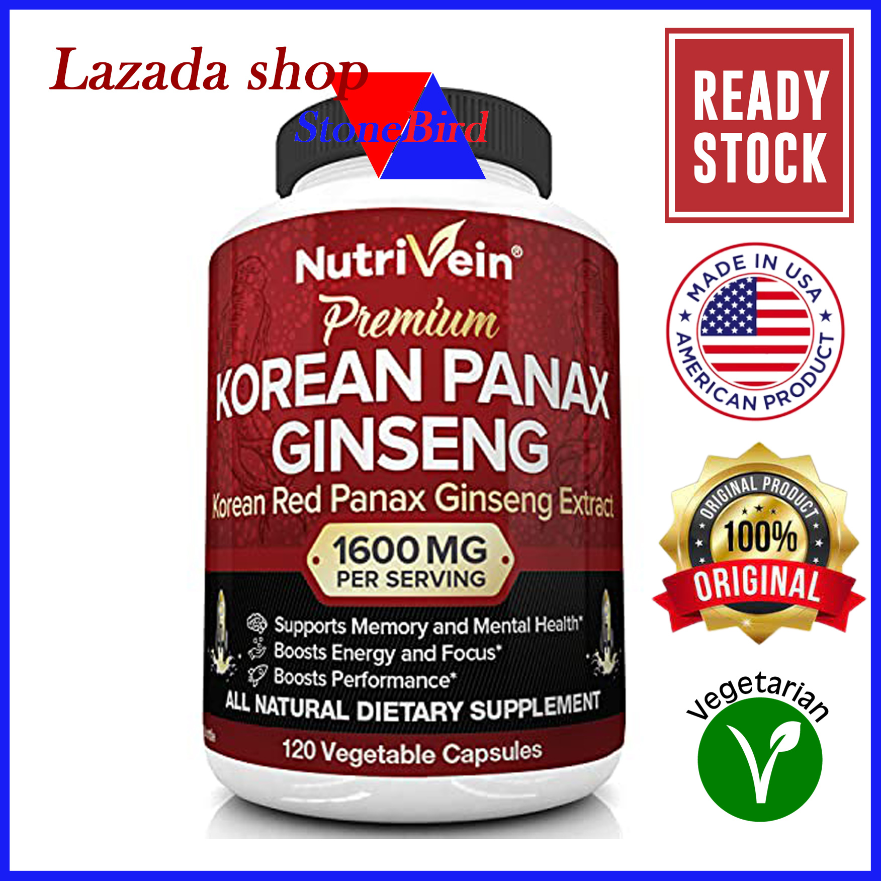 Nutrivein Pure Korean Red Panax Ginseng 120 Vegan Capsules - Ginseng ...