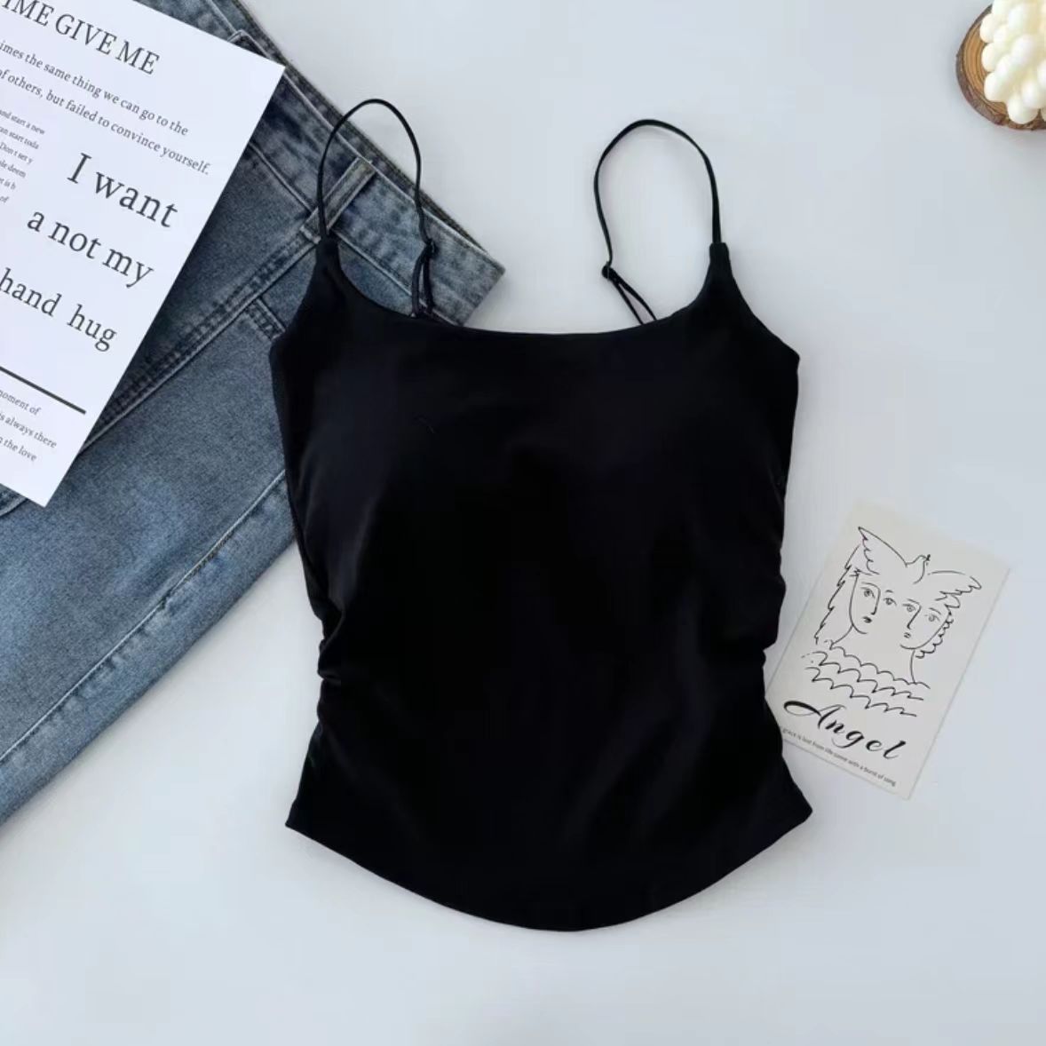 Small Camisole Women's Top with Chest Pad Pleated Backless Design ...