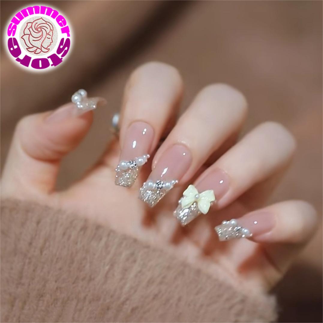 SUMMER 24 pcs Hand-Worn Nail Long Fake Nails French Glitter Bow Nail ...