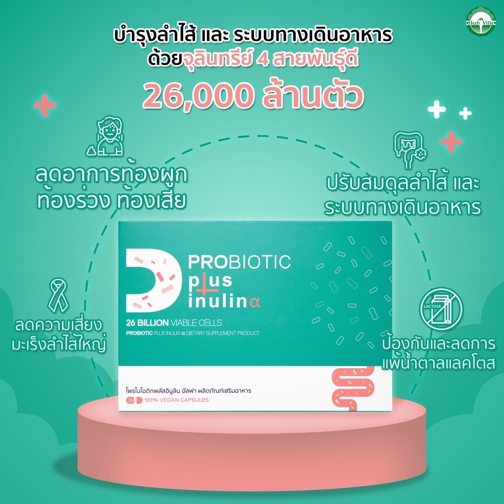 Herbville Probiotic plus inulin alpha อาหารเสริมบำรุงลำไส้ ระบบขับถ่าย ...