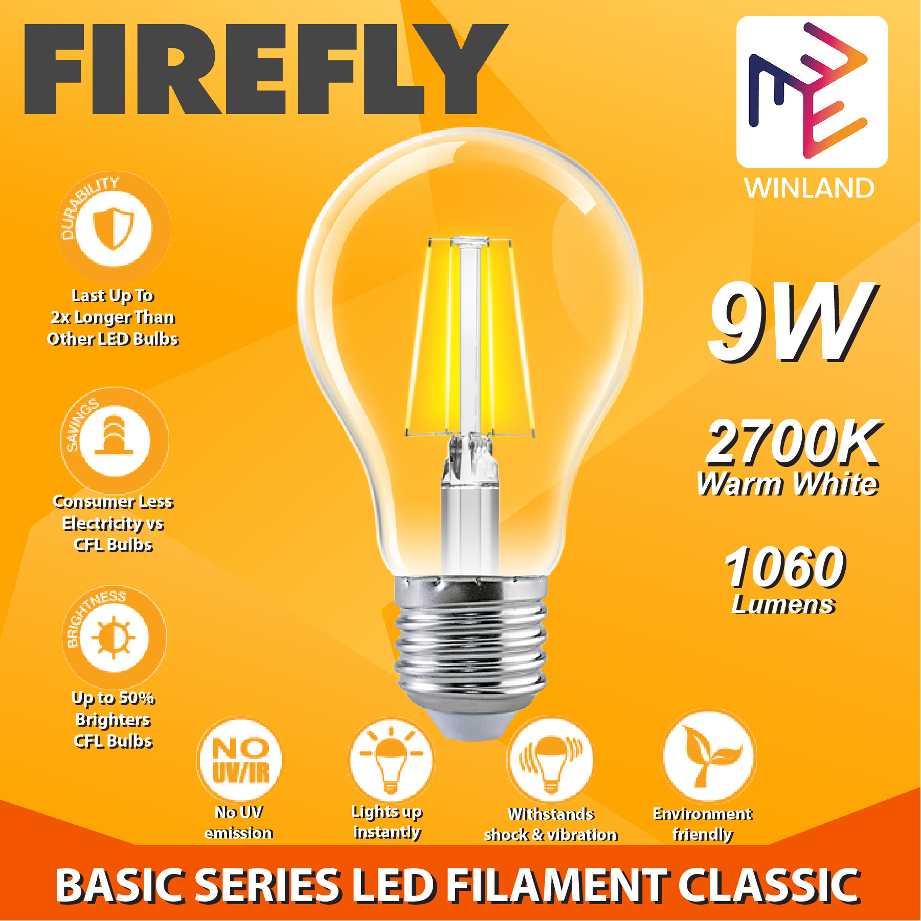 FIREFLY by Winland Basic Series LED Bulb Filament Classic 9W Warm White ...