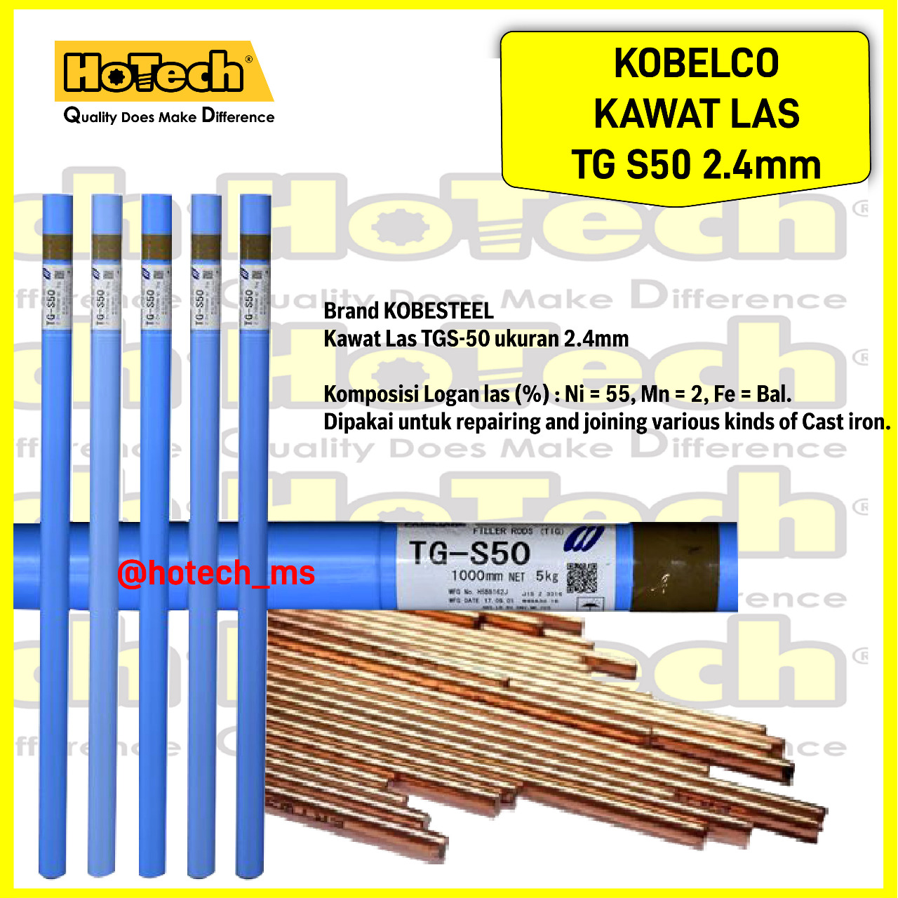 KOBELCO Kawat Las TigRod TGS-50 | TGS-50 size 2.4 mm x 1000 mm | Welding Electrode TigRod Kobe ...