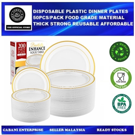 CABANI Disposable Plastic White GOLD RIM Dinner Plates Set [26cm & 19cm ...
