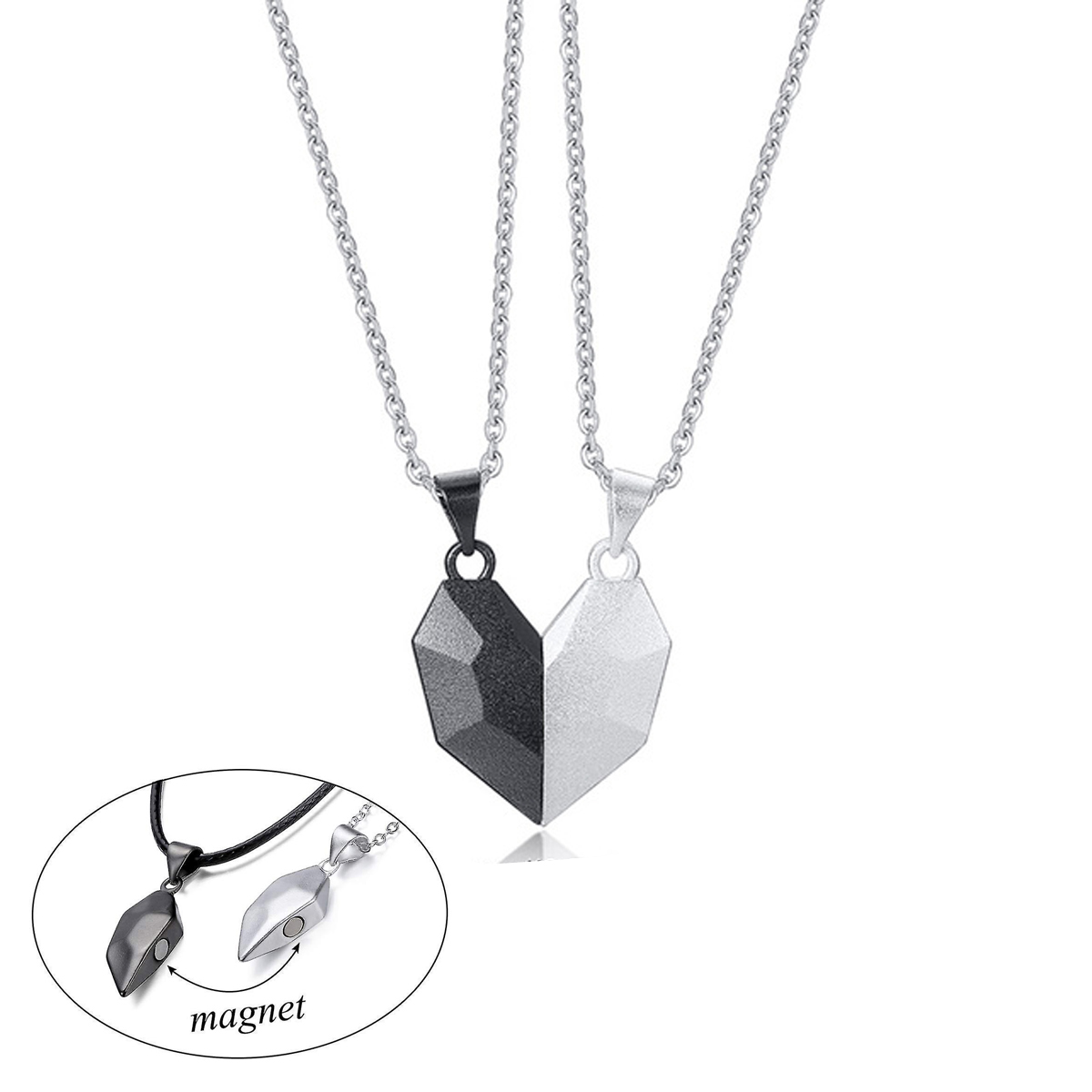 2 Pcs Heart Couples Magnetic Necklace Silver Black Matching Heart ...