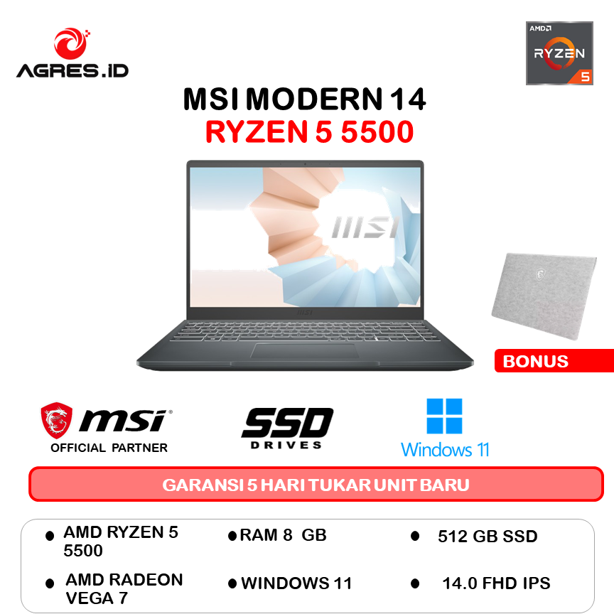 LAPTOP MSI MODERN 14 RYZEN 5 5500 RAM 8GB 512GB SSD VEGA7 14.0FHD IPS ...