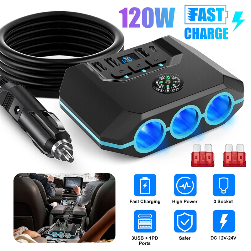 Car 12v Splitter 120w 12/24v 3-Socket Car Outlet Splitter With 4 ...