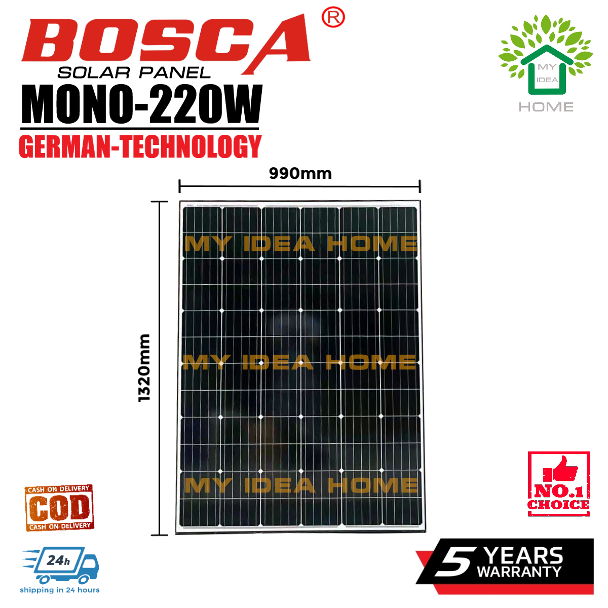 BOSCA 5 Year Warranty 220W Solar Panel Mono 220 Watt 12 Volt Pv Solar ...