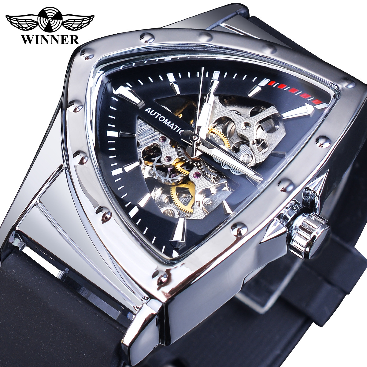 Winner Hollow Mens Automatic Mechanical Watch Silicone Strap Black Dial ...