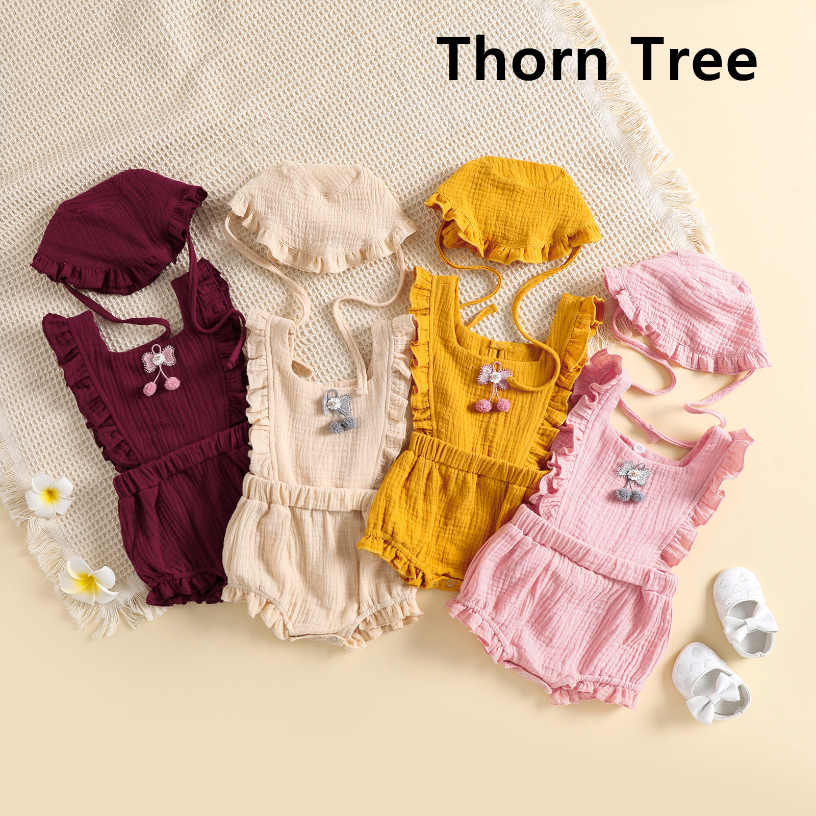 Thorn Tree 2 ชิ้นชุดเสื้อผ้าเด็กแขนสั้นคอลูกเรือกระเป๋าหน้าอก Jumpsuit Romper กับหมวกลูกไม้ ...