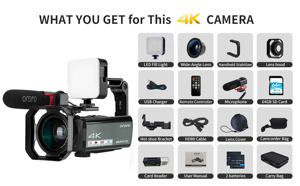 ORDRO HDR-AX10 Camcorder 4K 30MP 1080P 60fps 30X Digital Zoom IR Night ...