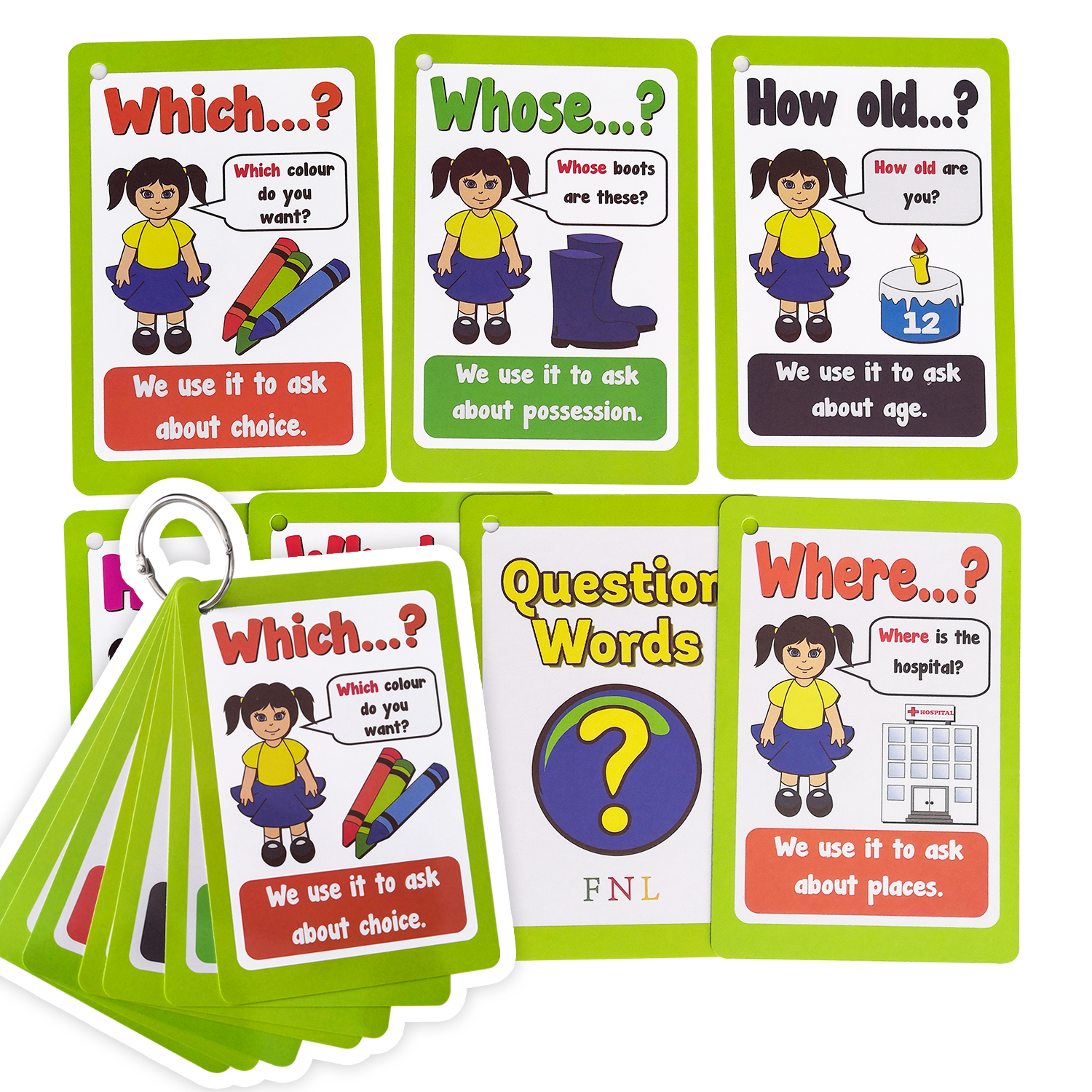 Wh-questions Kids Educational Flash Cards Set Learn English Question ...