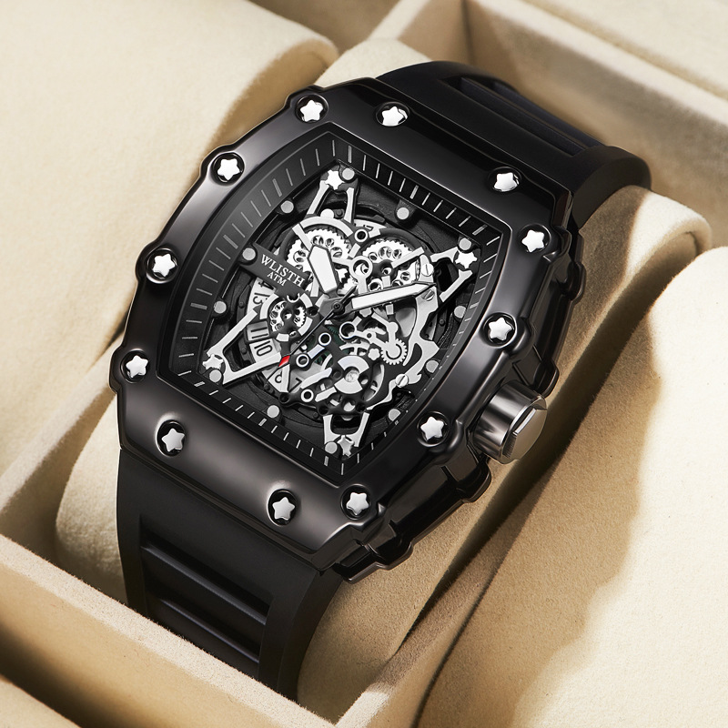Swiss Brand Men's Watch, Tank Shape with Hollow Dial, Large Analog Face, and Illuminated Hands ...