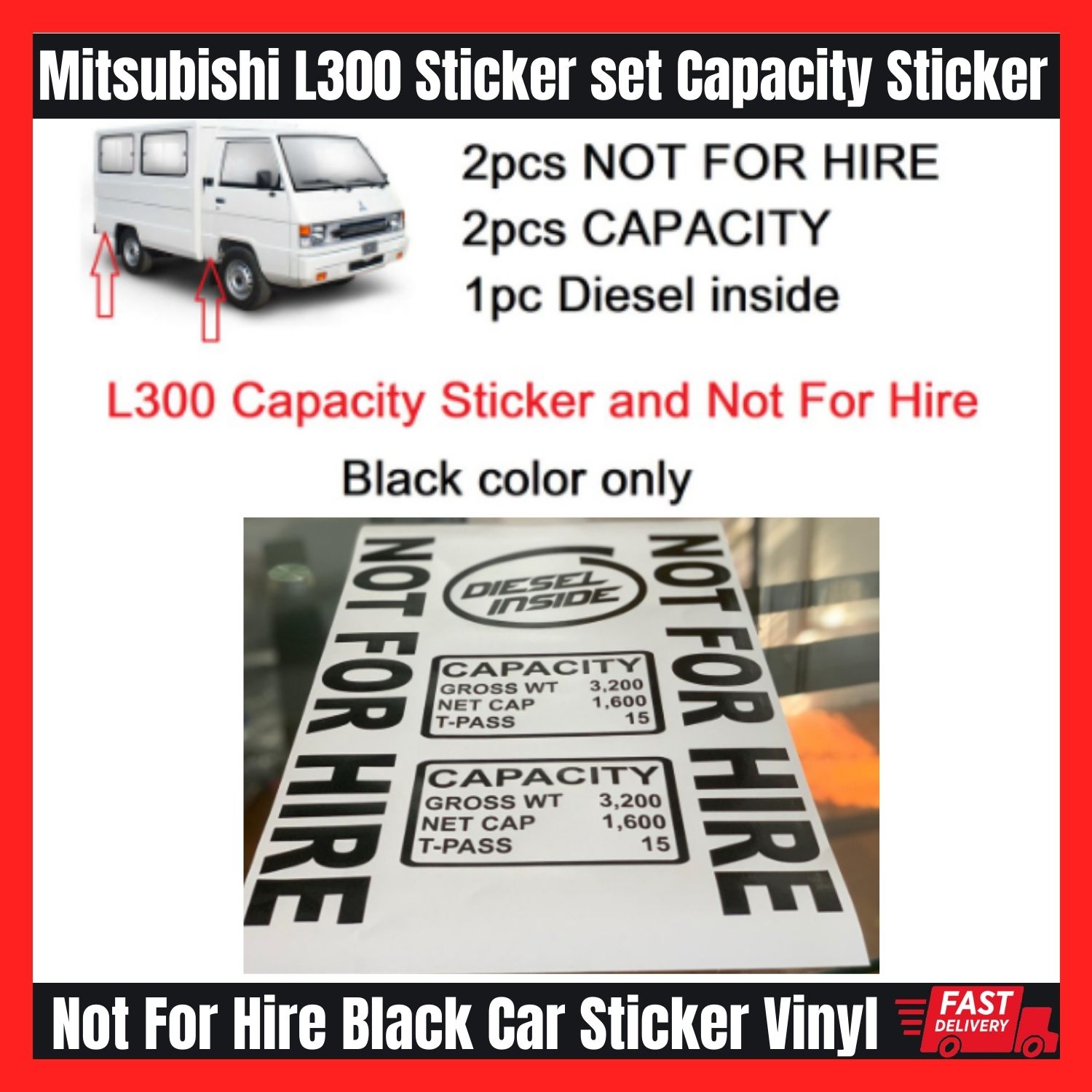 Mitsubishi L300 Sticker set Capacity and Not For Hire Black Car Sticker ...