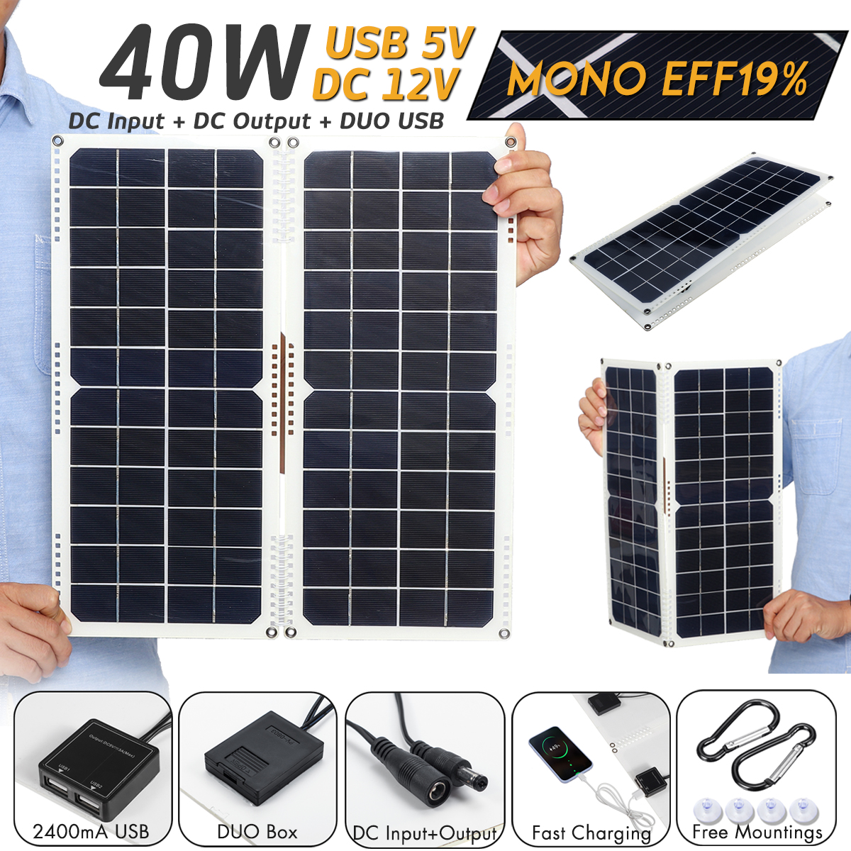 40W 12V HOT SELL Mono Foldable Solar Panel Dual Universal Serial Bus ...
